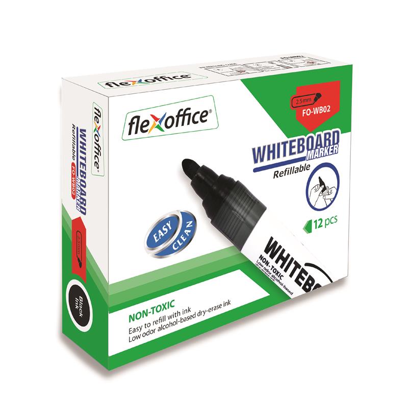 ปากกาไวท์บอร์ด ดำ (แพ็ค12ด้าม) Flexoffice FO-WB02 | OfficeMate